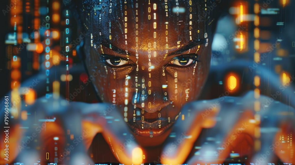 Angry black woman typing on a keyboard, with binary code projected onto their face and hands ...