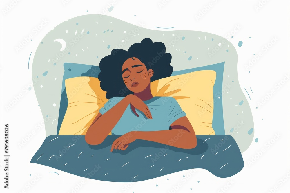 Black woman is sleeping and lying in bed, flat illustration. Cartoon ...