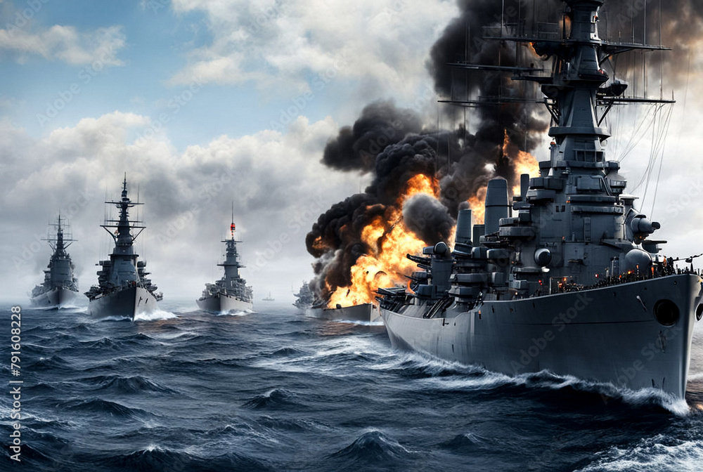Scene of naval war on open ocean by battleships, fire and intense ...