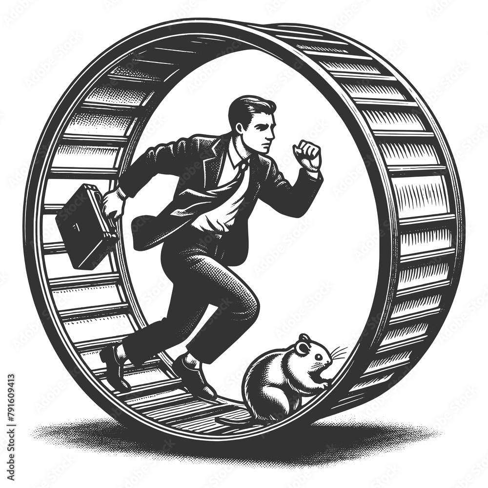 rat race with a businessman running on a hamster wheel alongside a ...