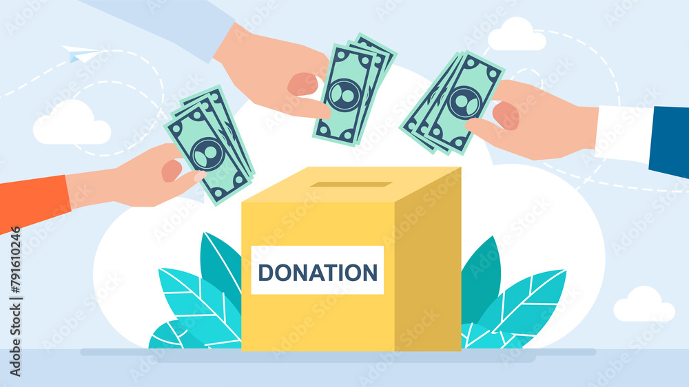 Hands putting dollars into donation box. Donate money charity concept ...