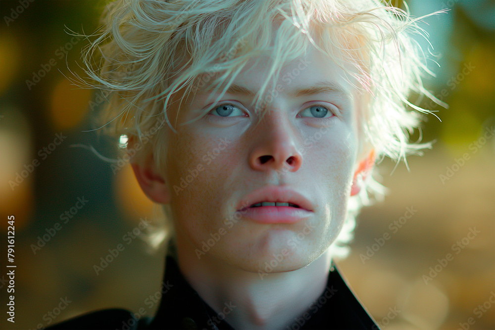 Portrait of young albino man with short hair and blue eyes in sun light ...
