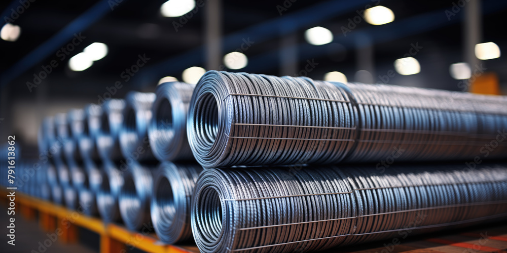 Rows of coiled steel reinforcing bars are neatly stacked in an ...