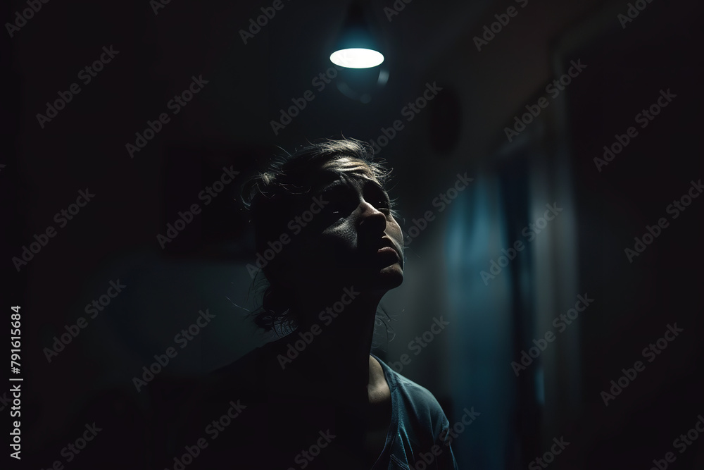 dark room with a single light illuminating a worried face, capturing ...