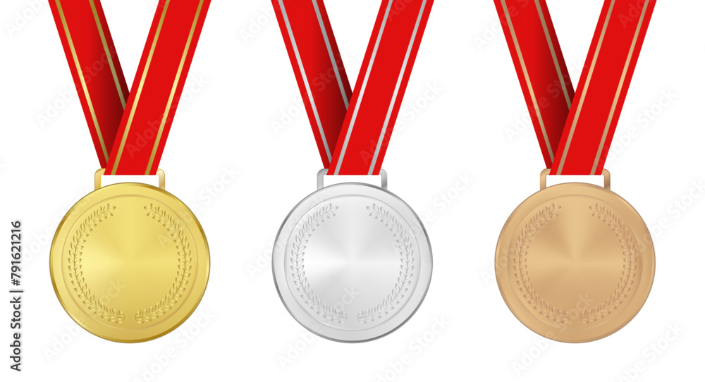 Award medals in gold, silver, bronze on transparent background with red ...