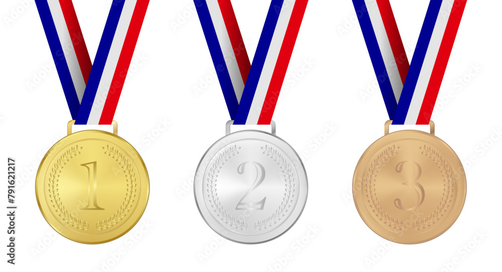 Realistic olympic sports medals in gold, silver, bronze on transparent ...