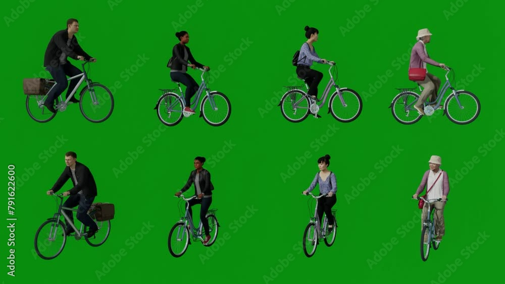 8 female cyclists in 3D green screen Chroma Key on the bicycle from the ...