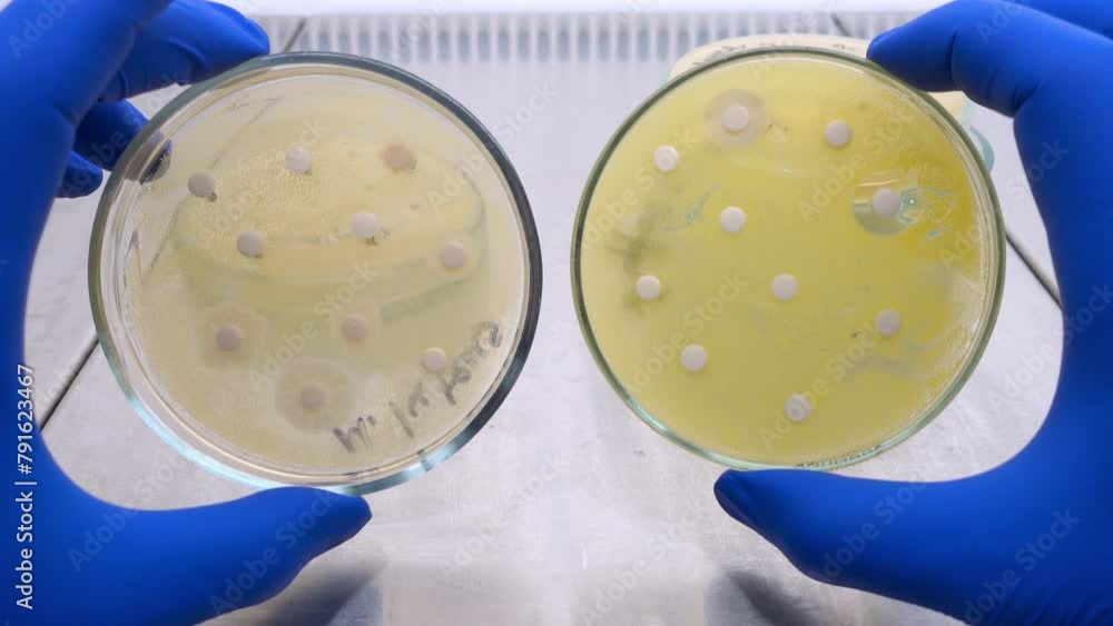 A scientist shows two Petri dishes with a test for antibiotic ...