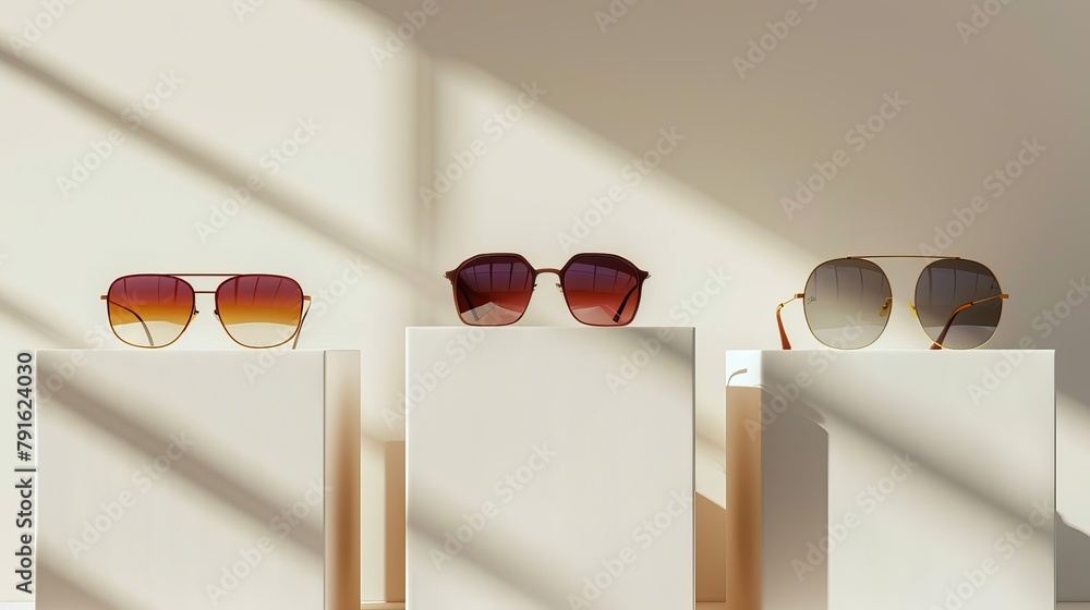 Eyeglasses and trendy sunglasses with various designs displayed on ...