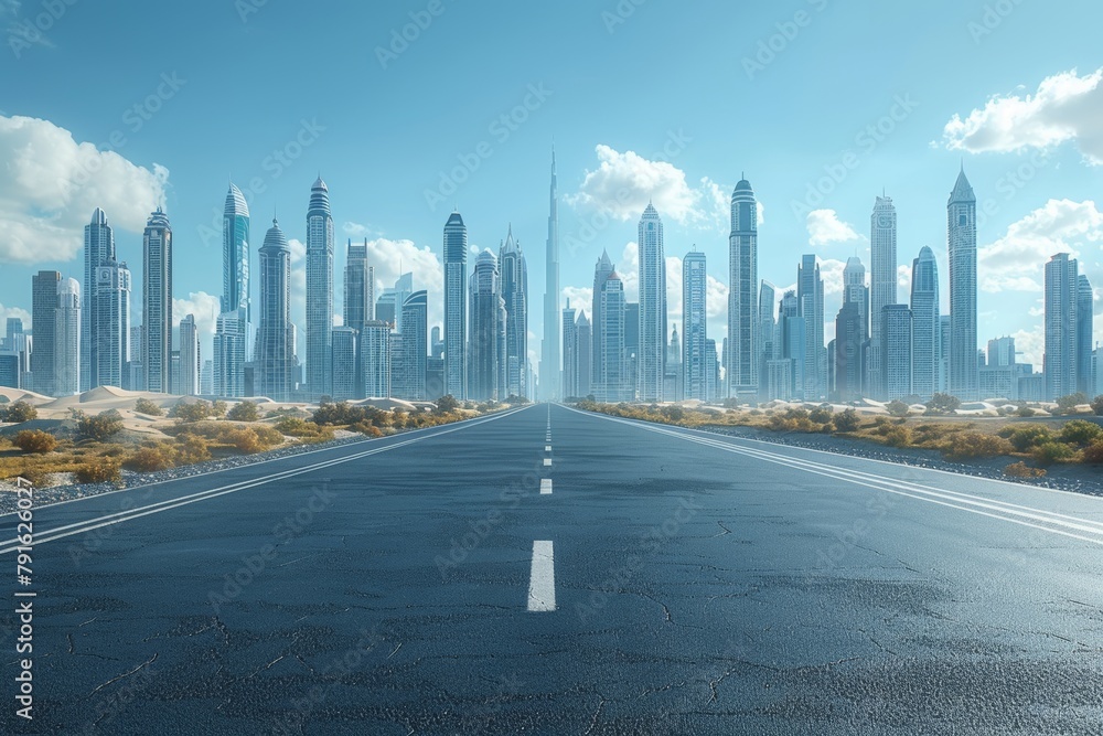 Flying 3D road highway banner design with skyline on back of straight ...