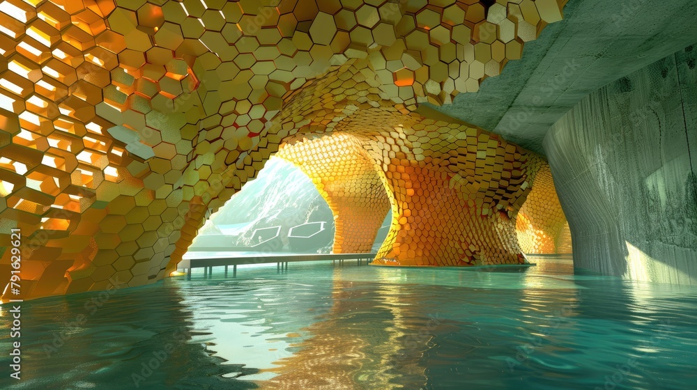 Expansive 3D honeycomb structure with glowing edges in a cavernous ...