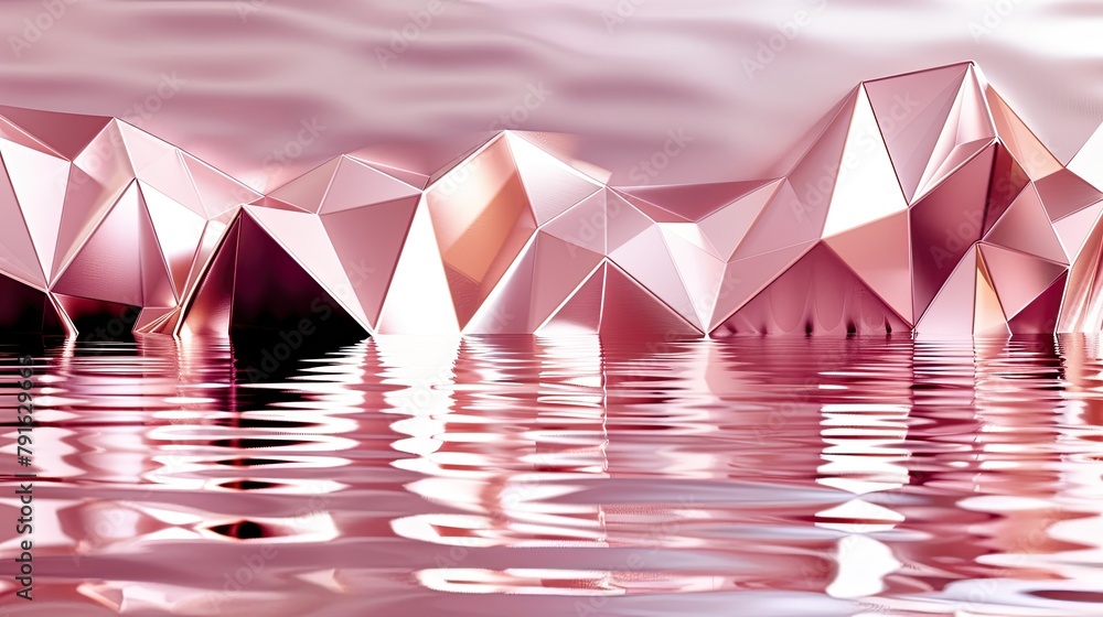 Abstract landscape of 3D triangular prisms rising from a reflective ...