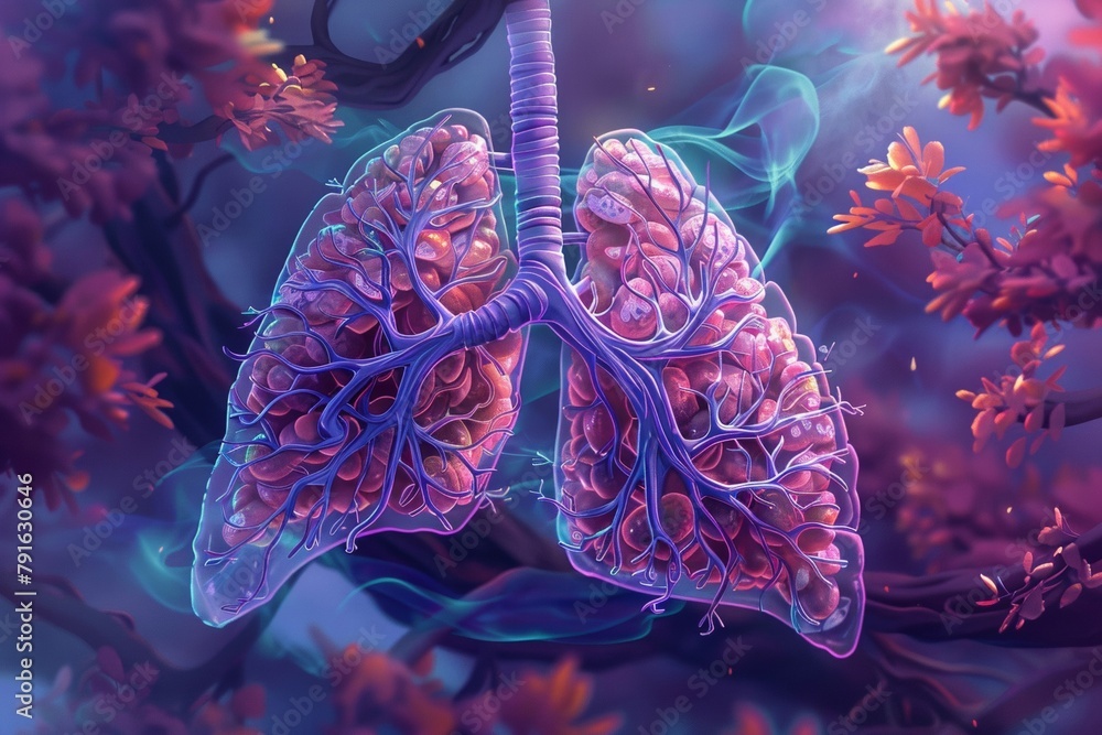 Illustration of human lung anatomy Shows the trachea and alveoli. Stock ...