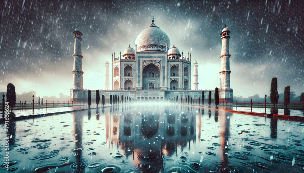 Monsoon Majesty: Taj Mahal Reflected on Rain-Soaked Grounds, Capturing ...