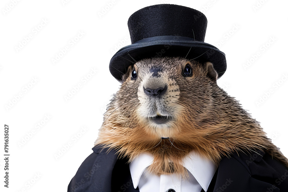 groundhog dressed in a classic tuxedo and top hat hat isolated on a ...