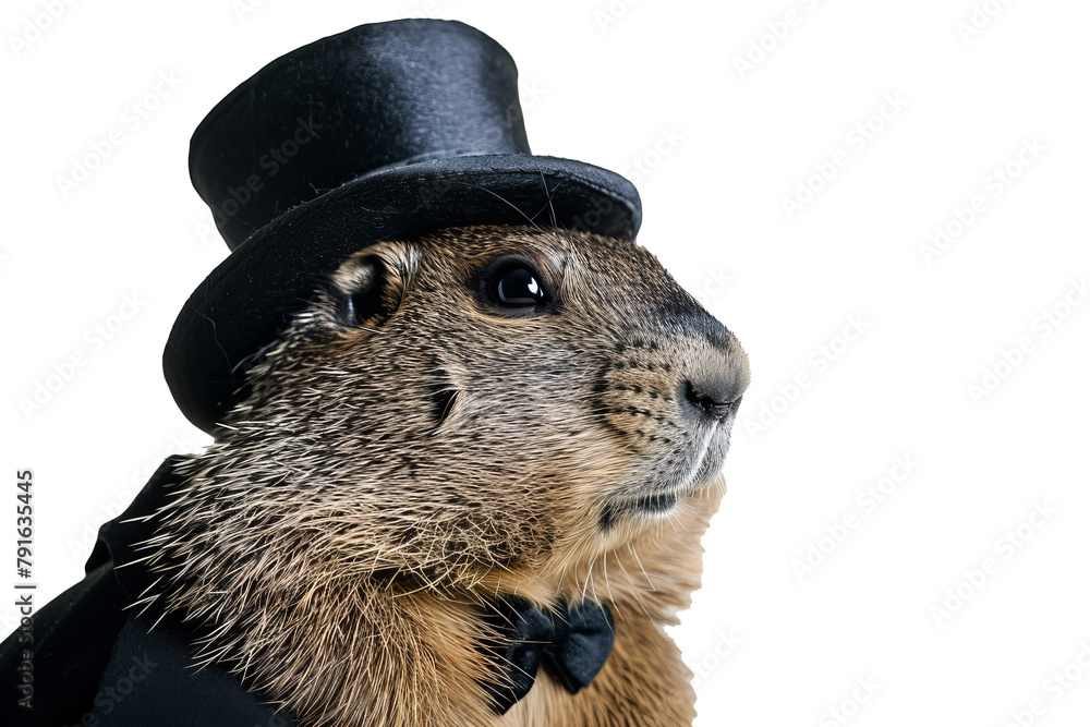 groundhog dressed in a classic tuxedo and top hat hat isolated on a ...