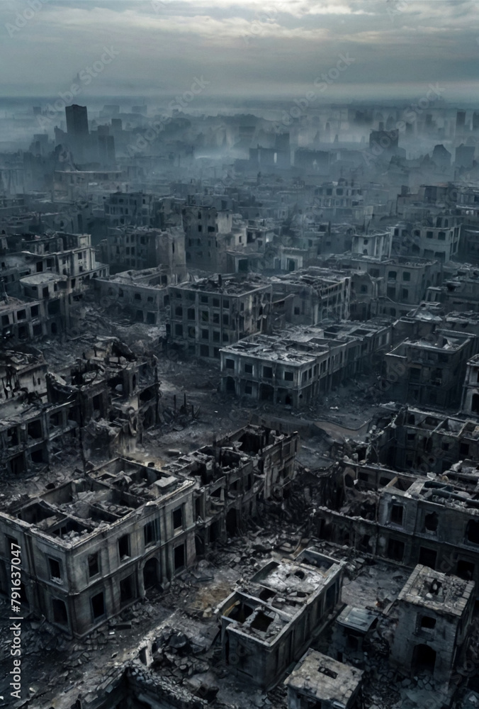 Doomsday. Aerial View of destroyed city, apocalypse ruined, urban ...