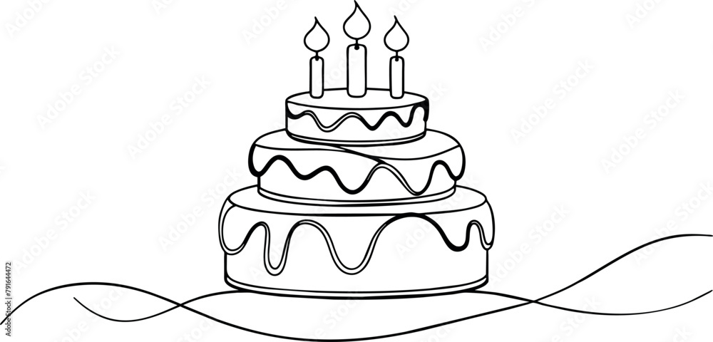 Continuous one line drawing of birthday cake with candles. Symbol of ...