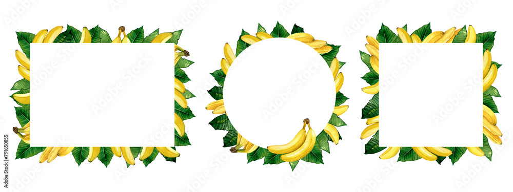 Banana fruit border frame set. Watercolor illustration isolated on ...