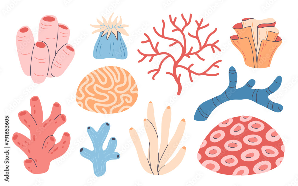 Set of underwater ocean coral reef plants, corals and anemones. Aquatic ...