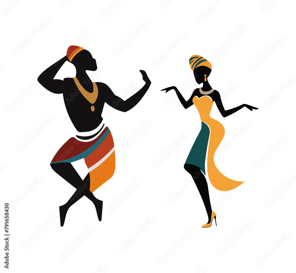 Silhouettes of black African man and woman dancing on the go an ethnic ...
