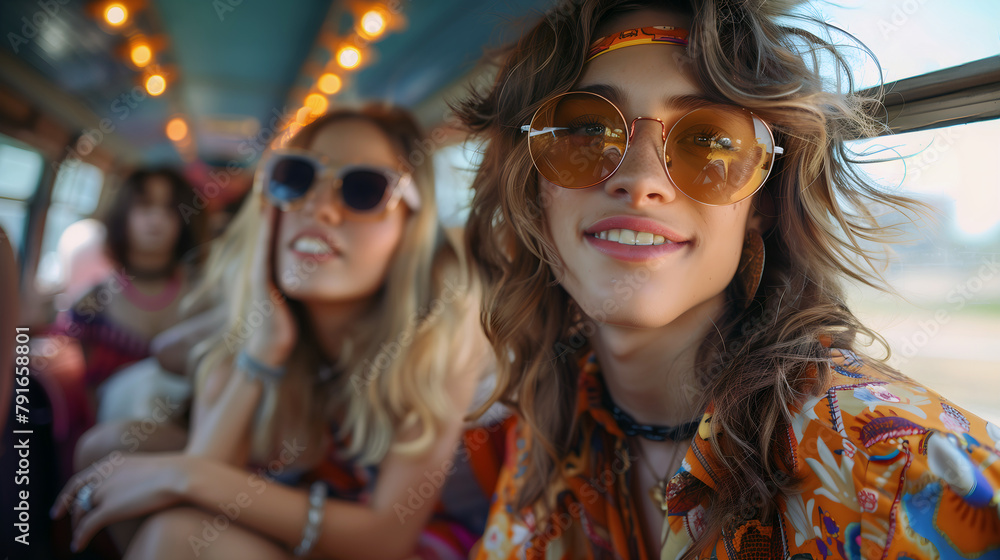 hippie rock band with groupies on a 1970s tour bus, featuring ...