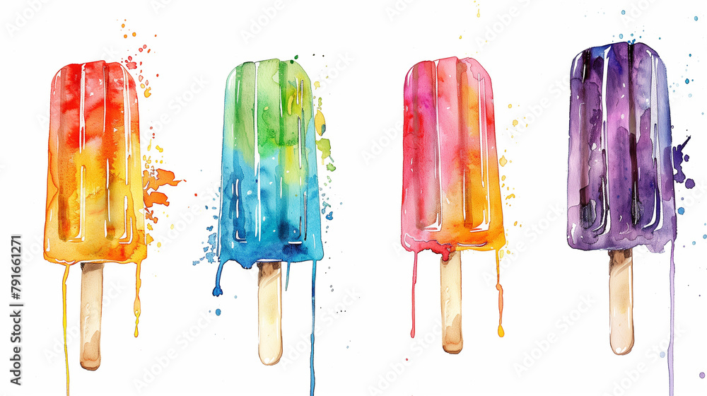 various ice cream pops in Watercolor illustration isolated on white ...