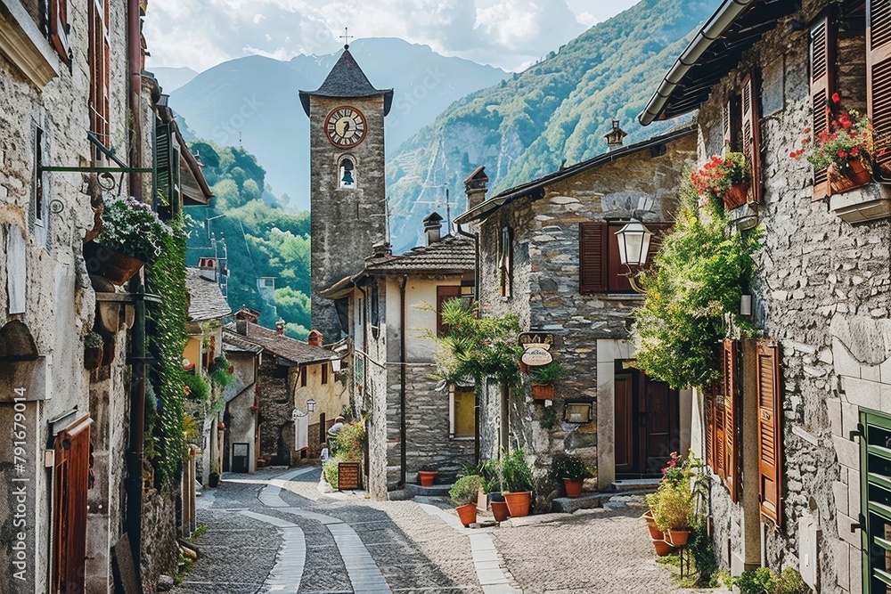 A charming Italian village with narrow winding streets, old stone ...