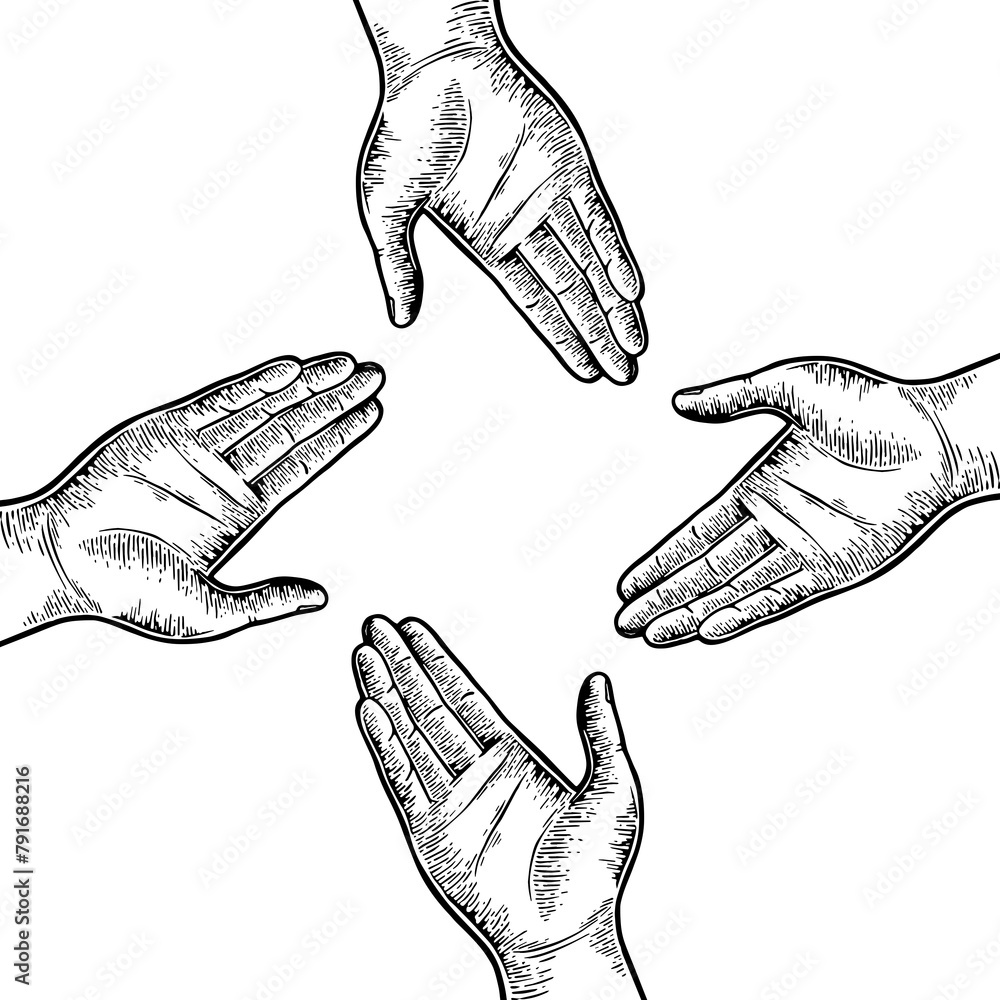 Open four hands palm gesture engraving PNG illustration. Scratch board ...