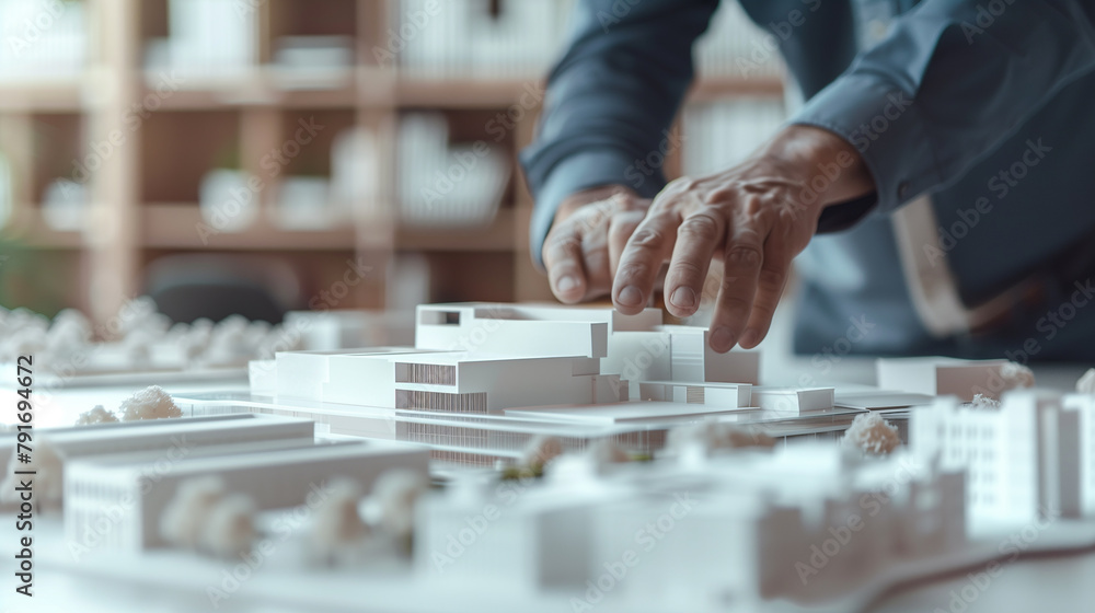 Architect designing modern structural building mockup with model on the ...