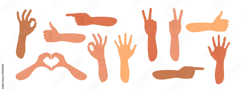 Various hand gestures. Non-verbal or manual communication. Set of hands in different gestures ...