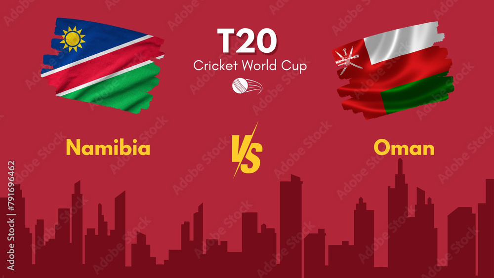 Namibia vs Oman flag, world map and building skyline use for t20 ...