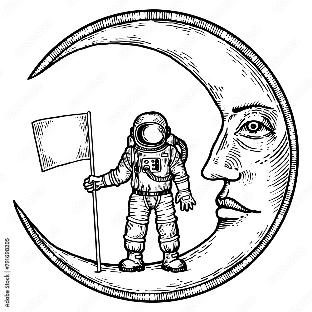 Astronaut spaceman with flag on cartoon moon with face sketch engraving ...