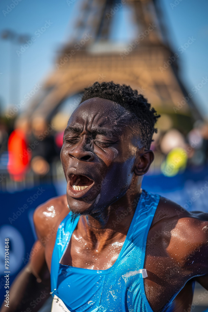 Determined marathon male runner at Paris 2024 with Eiffel Tower ...