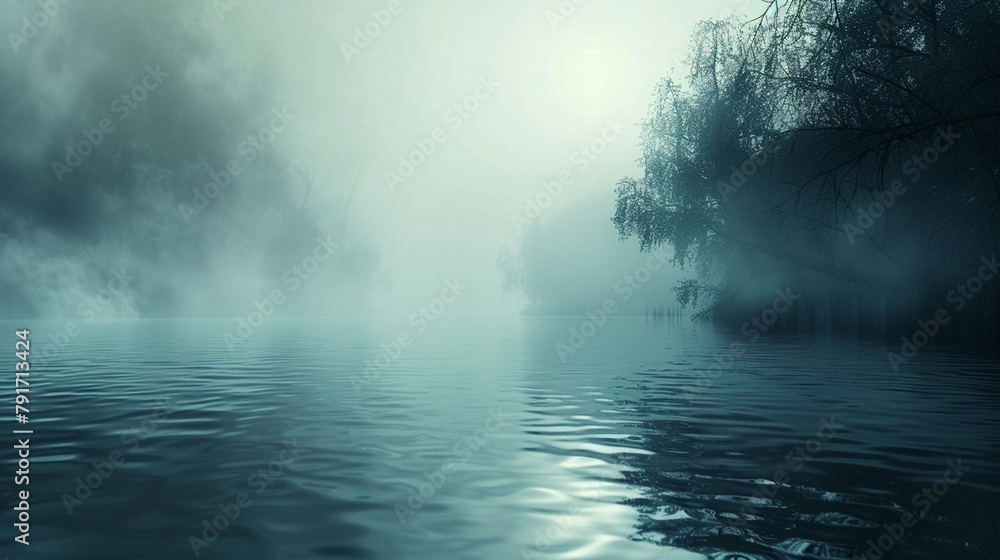 Mysterious water shrouded in mist drifts through a dense fog, creating ...