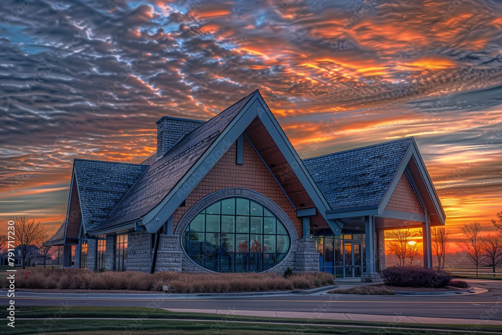 A new, modern clubhouse with a gable roof and semi-circle window ...