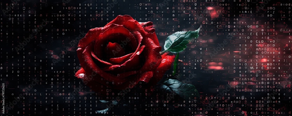 Rose binary code on dark, creating an atmosphere of data technology and ...