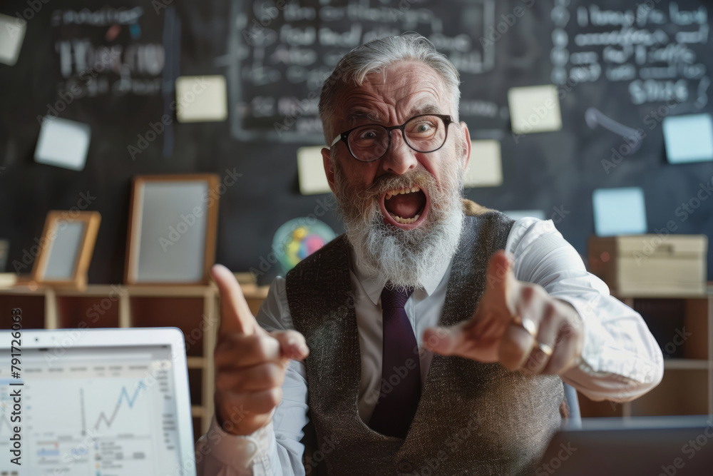 Old male angry teacher pointing out on pupil in the classroom ...