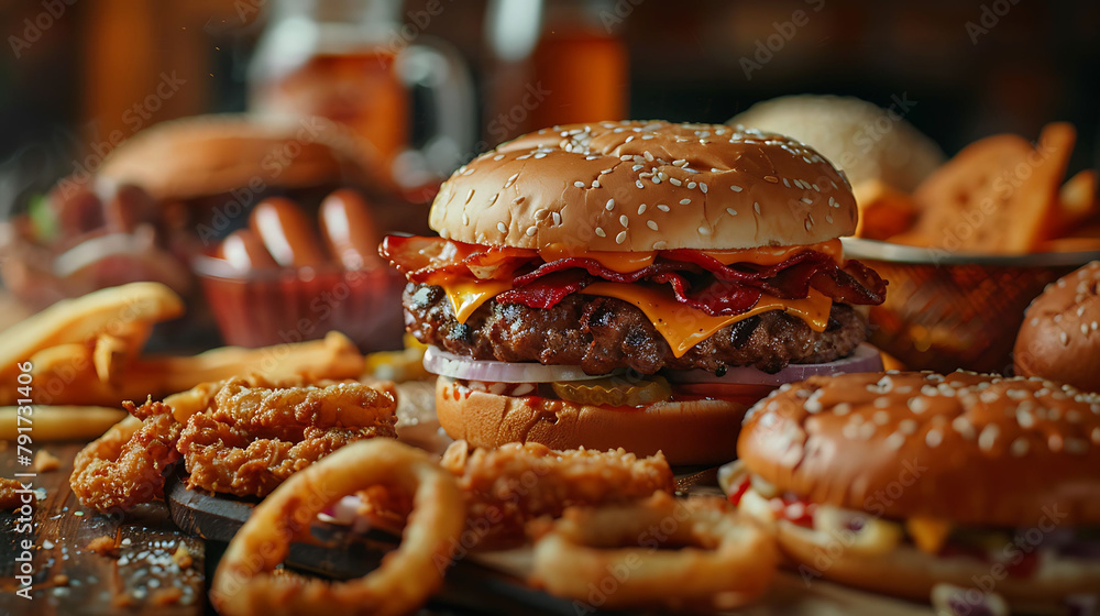 Fast food concept with greasy fried restaurant take out as onion rings ...
