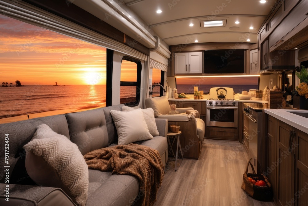 Wide photo of a luxurious motorhome interior with a sweeping view of a ...