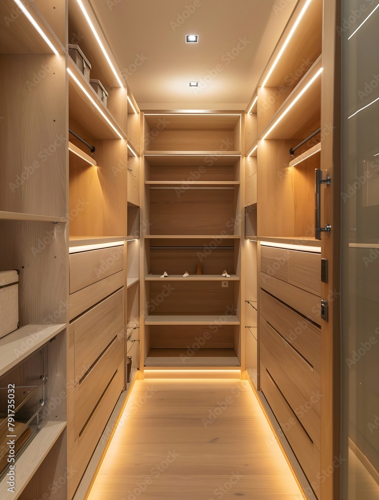 Modern walk-in closet with built-in LED lighting, a neutral color ...