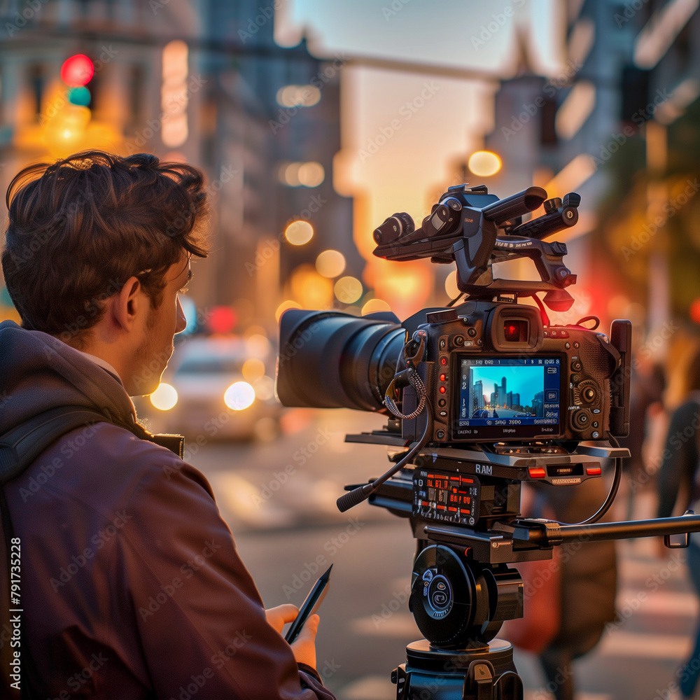 A male filmmaker from behind, capturing a city scene at dusk. The focus ...