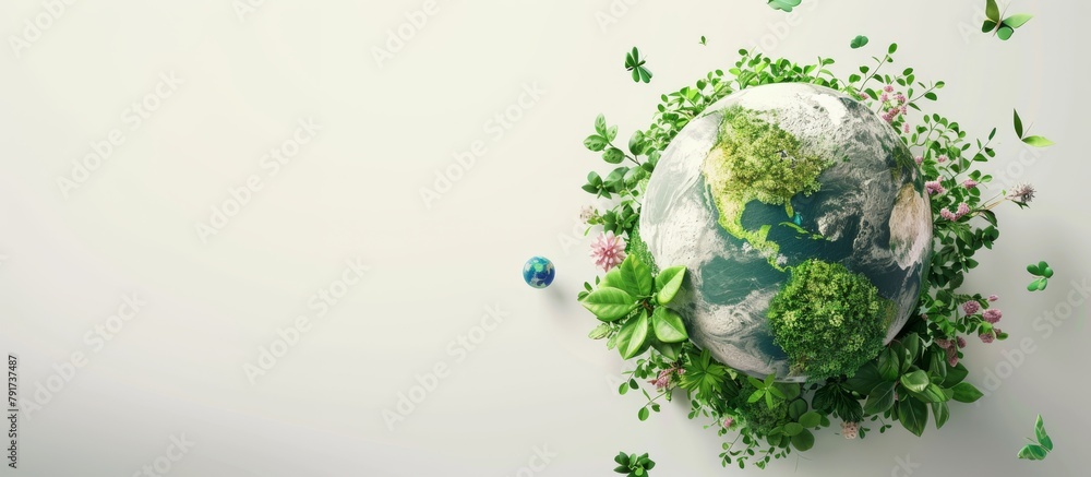 illustration of an earth globe surrounded with green plants and copy ...