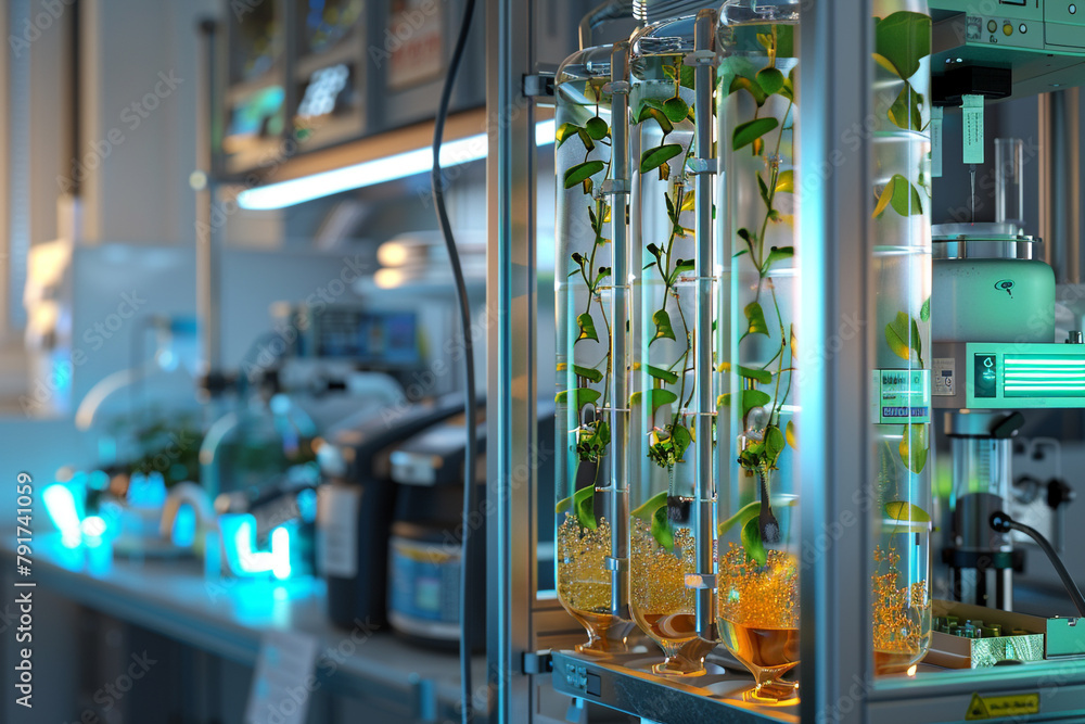 Detailed visualization of a biotech lab developing microbial ...