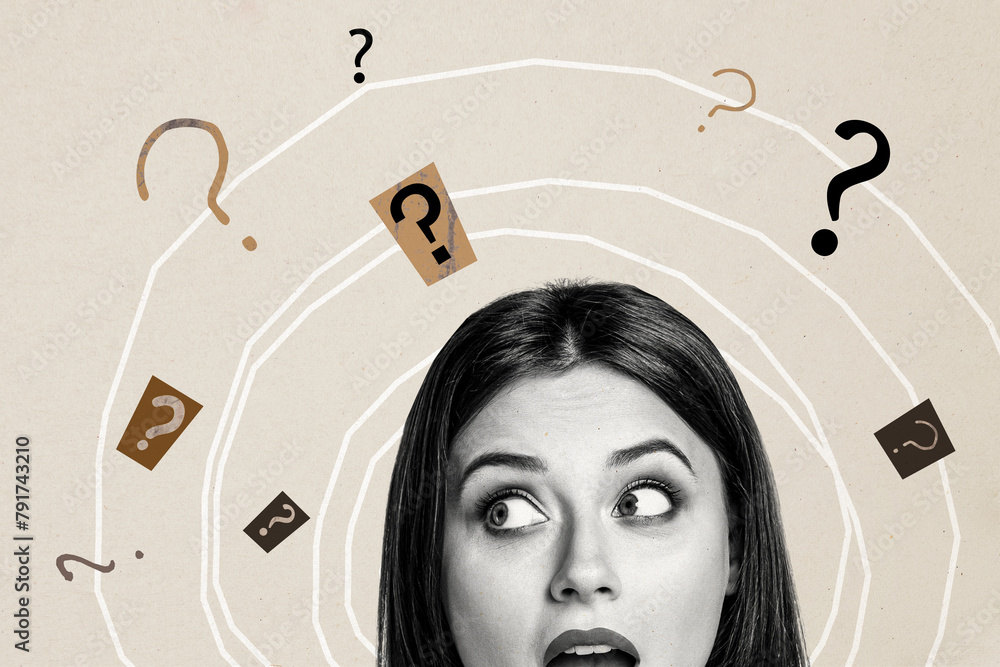 Composite photo collage of surprised girl peek mouth open question mark ...