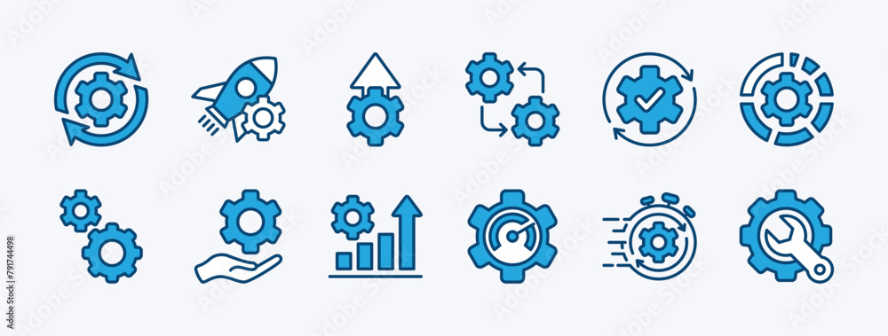 Set of gear settings icon. Containing optimization, sync, process ...