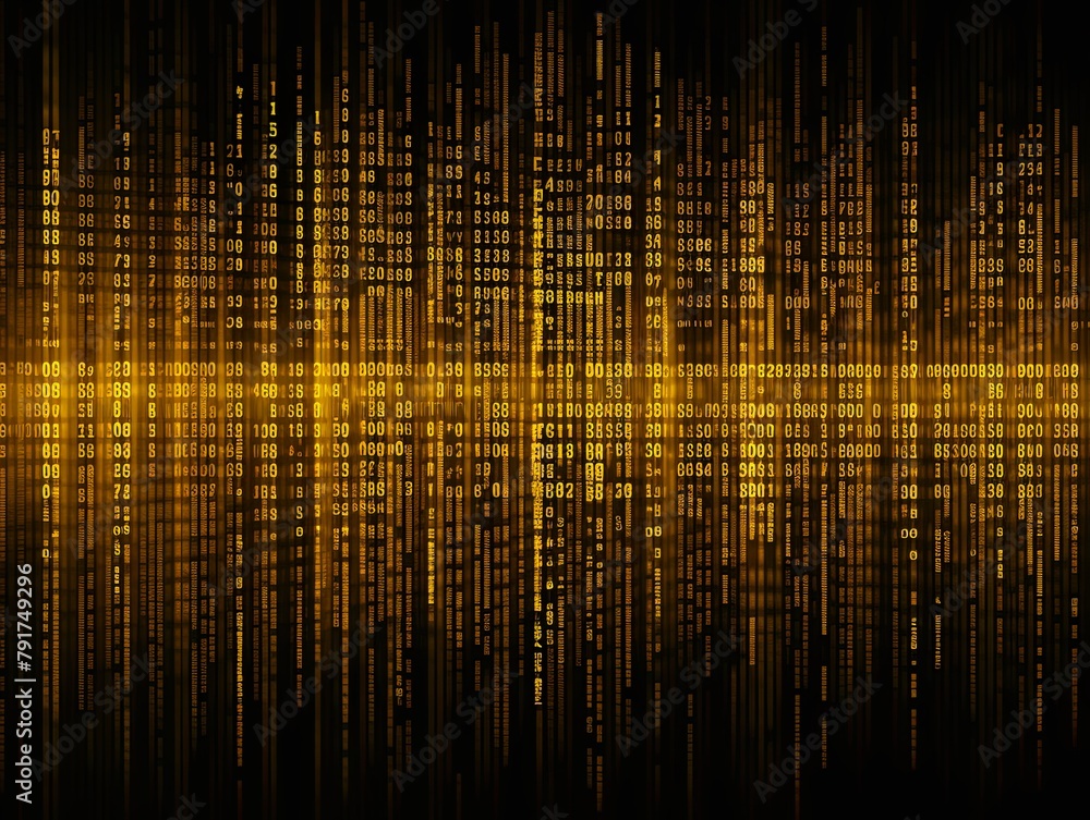 Yellow binary code on dark, creating an atmosphere of data technology ...