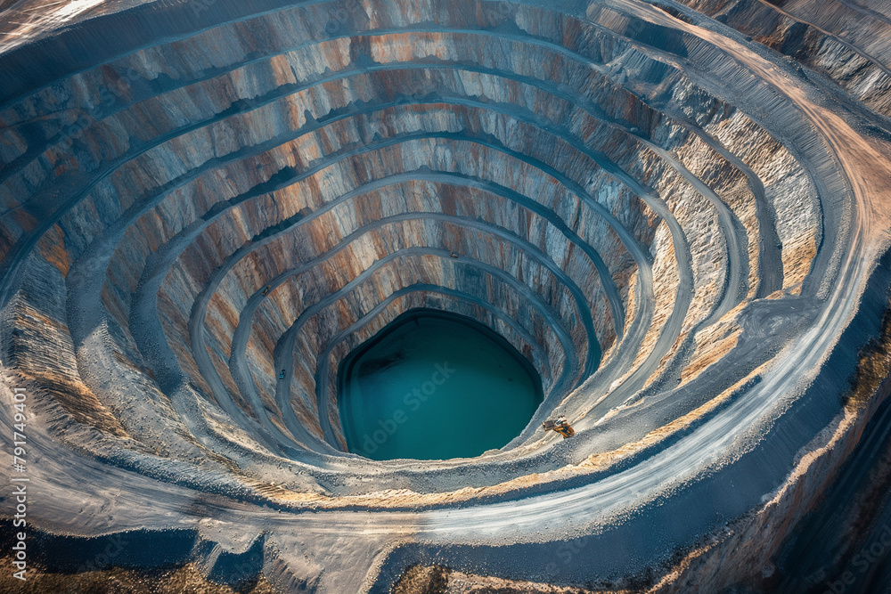 An aerial view of an open pit mine showing the scale of human ...