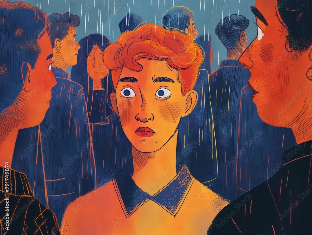 A group of people are standing in a crowd, with one person looking at ...