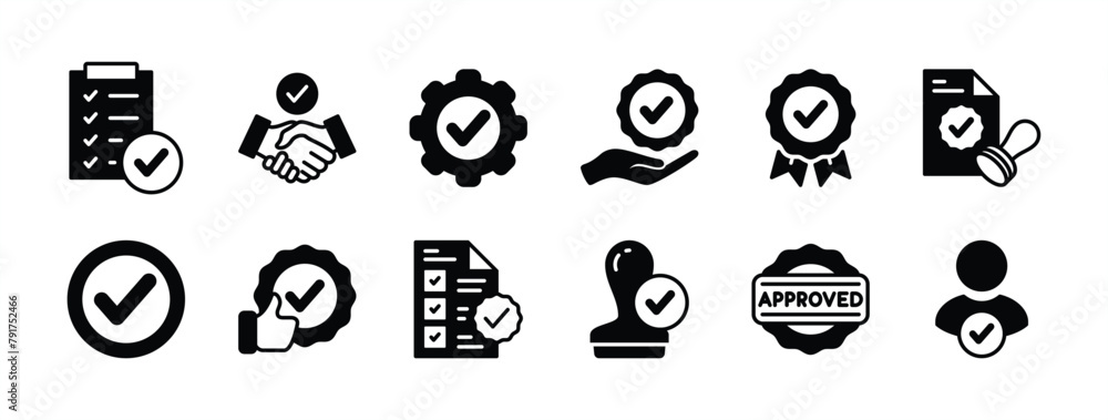 Approved and certified icon set. Containing validation, quality ...